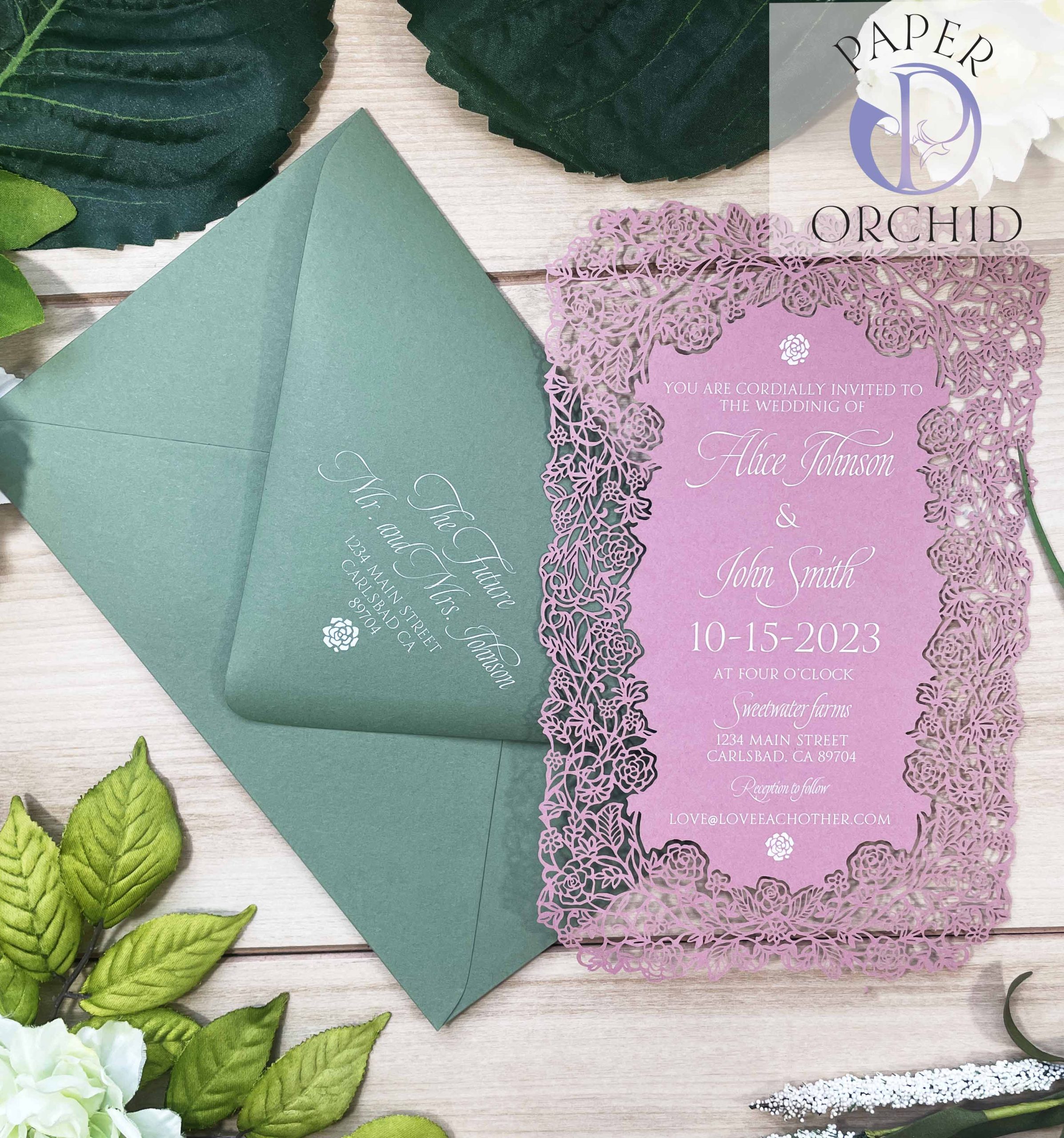 Rose Vines A9 Flat Invitation – Paper Orchid
